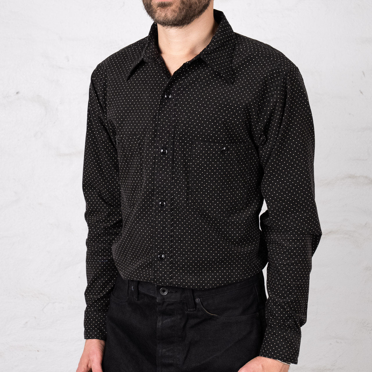 21W Micro Cord Pin Dots Open Pocket Work Shirt Black