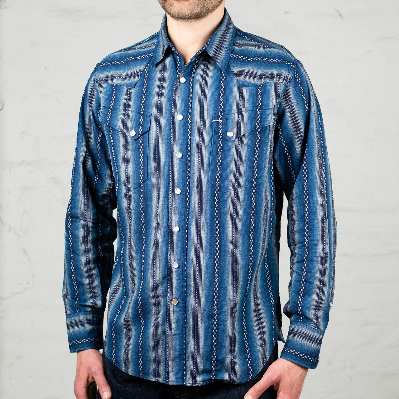 Native American Dobby Stripe Western Shirt Indigo